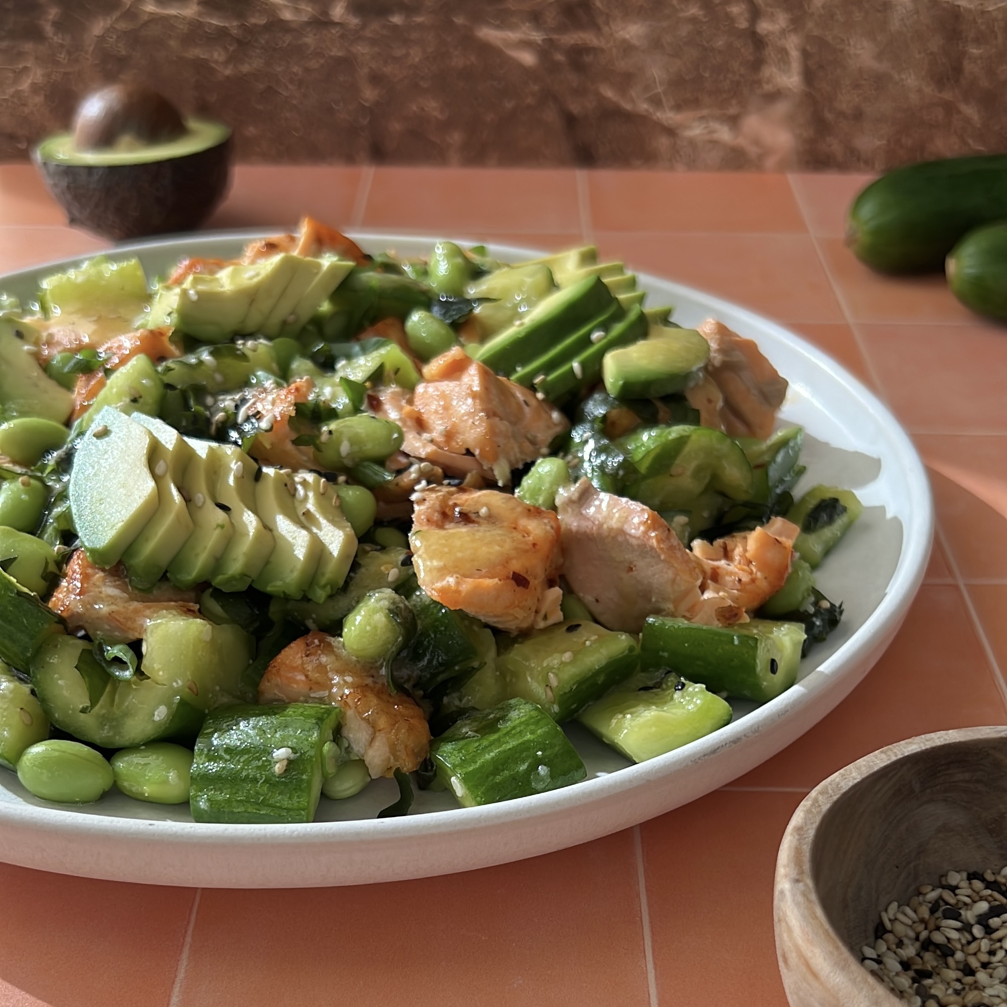 Smashed Cucumber Edamame and Salmon Salad with Miso Vinaigrette - THE SALAD WHISPERER